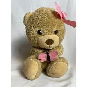Hallmark | Toys | Hallmark Plush Teddy Bear Tan Shaggy Fur Pink Bow ...